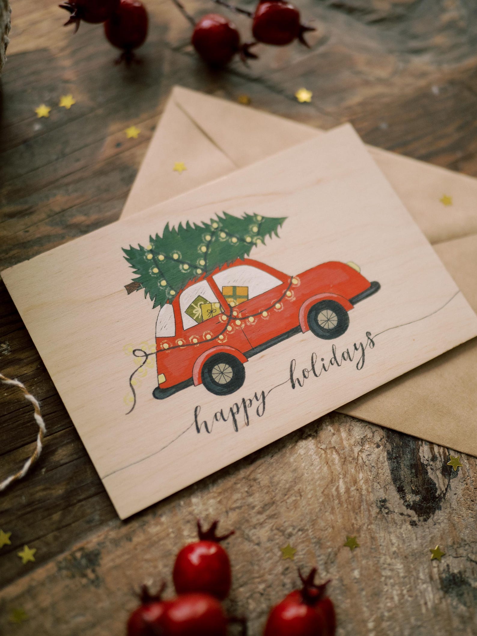 Hand-painted Wooden Christmas Card – Vintage Car With Tree - Etsy