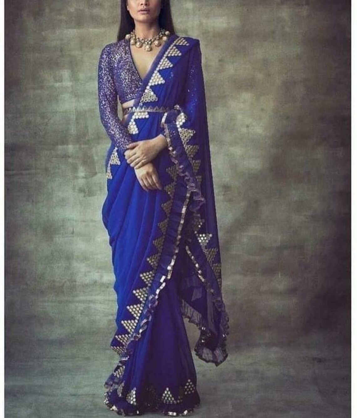 Blue Ruffle Indian Designer Mirror Embroidery Sari With | Etsy