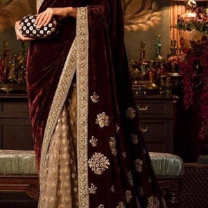 Maroon Velvet Designer Saree Indian Sari Half and Half Wine | Etsy
