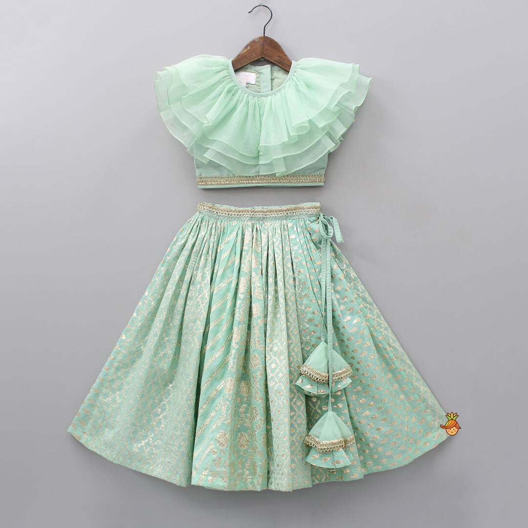 Organza Triple Layered Flap Mint Green Top and Zari Embroidered Lehenga ...