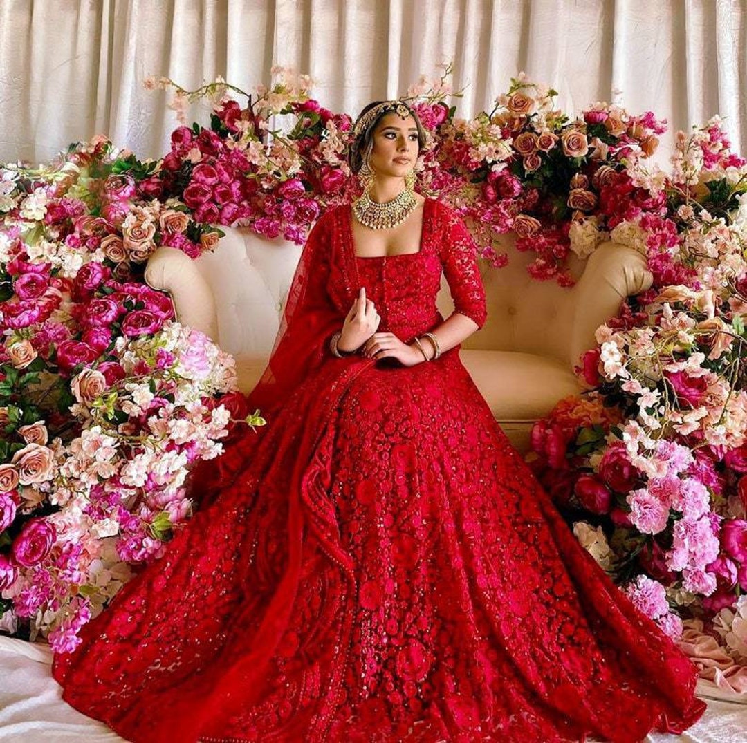 Embroidered Red Georgette Lehenga Choli Dupatta Party Wear Wedding Wear ...