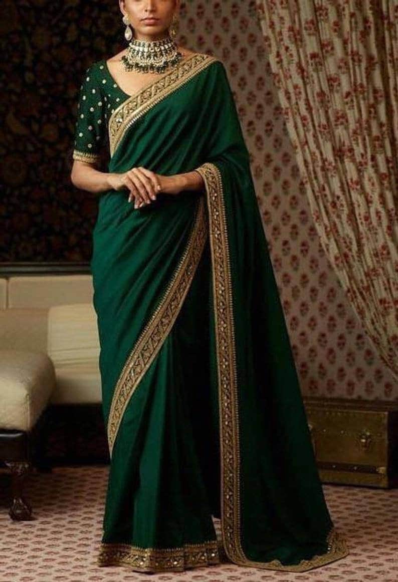 Forest green embroidered saree Indian designer emerald green | Etsy