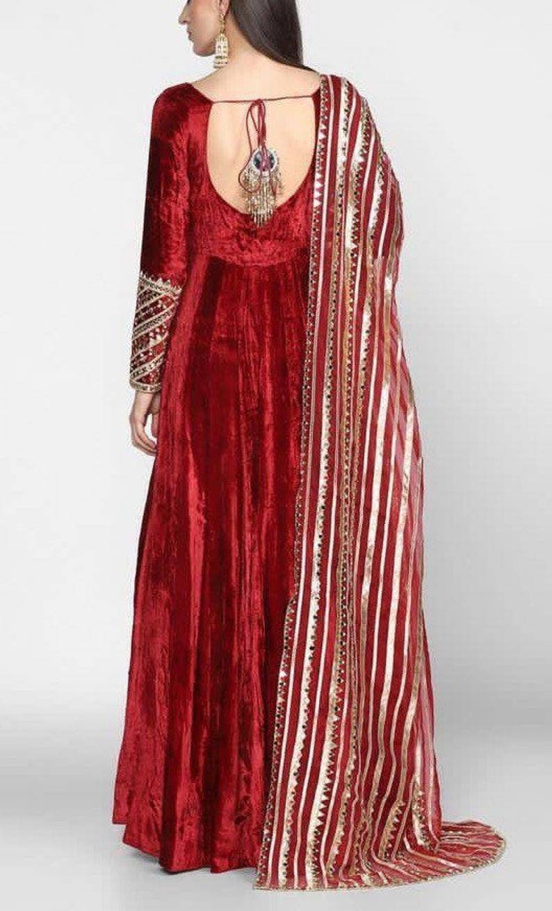 Maroon Velvet Anarkali With Mirror and Gotta Embroidered - Etsy