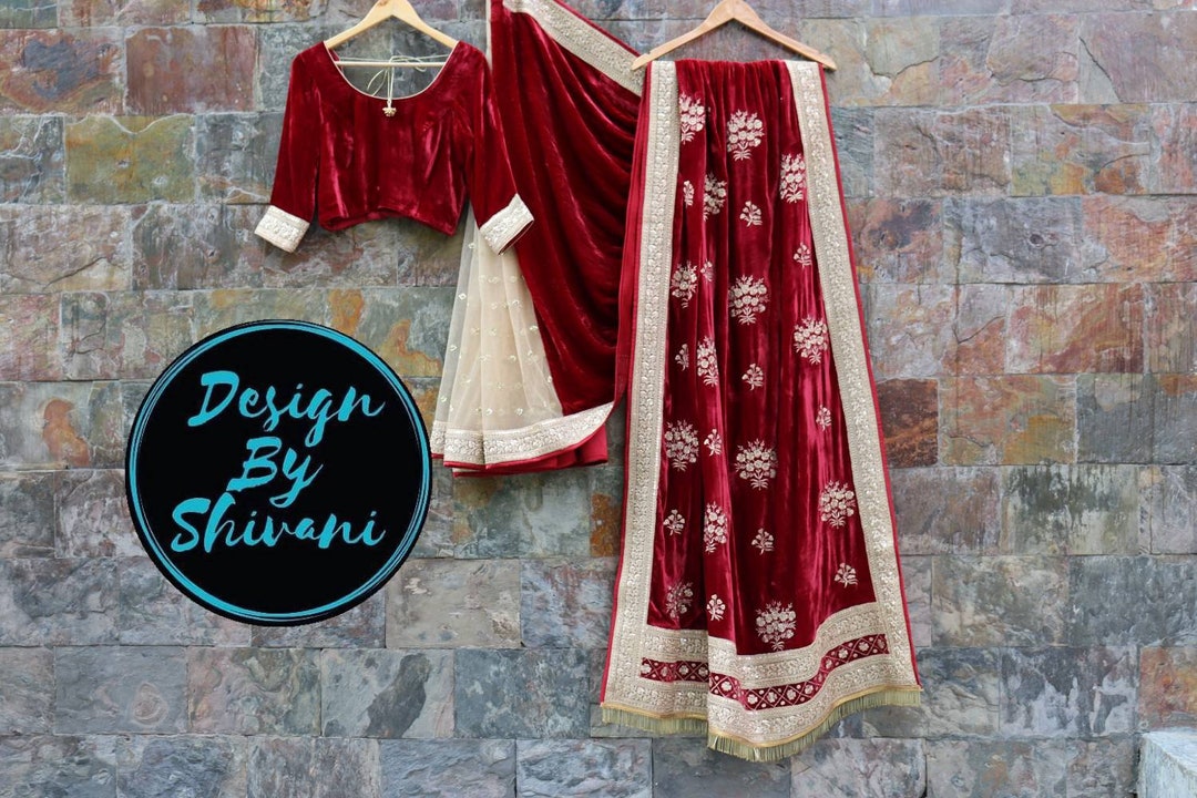 Maroon Velvet Designer Saree Indian Sari Half and Half Wine - Etsy