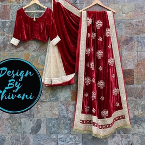 Maroon Velvet Designer Saree Indian Sari Half and Half Wine - Etsy