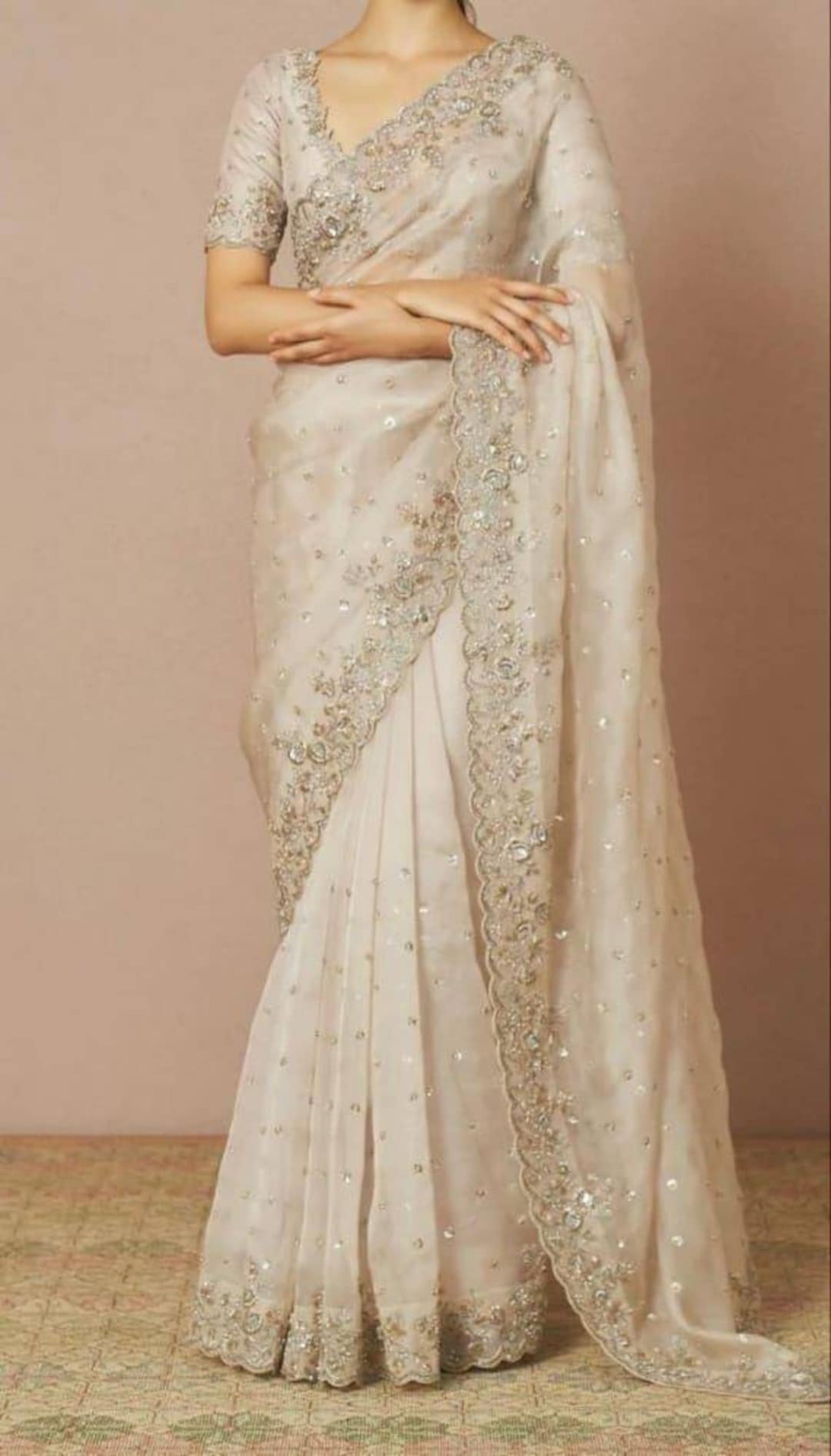 Off White Indian Wedding Saree With Gold Sequins Heavy Embroidered ...