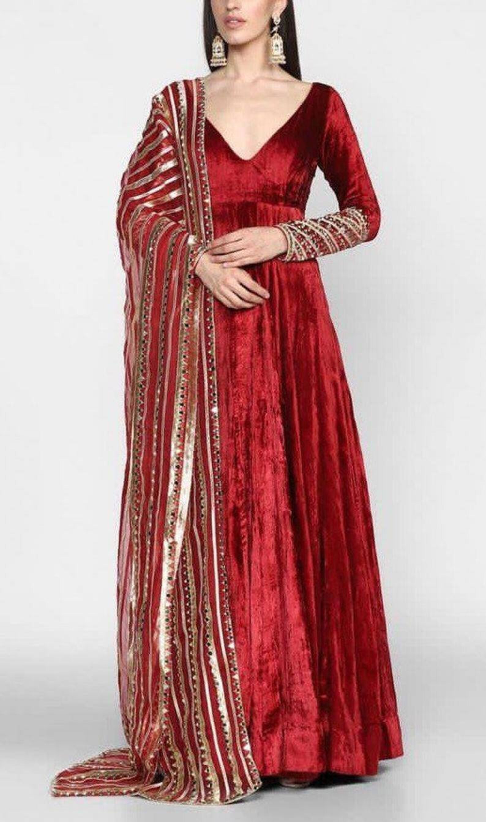Maroon Velvet Anarkali With Mirror and Gotta Embroidered | Etsy