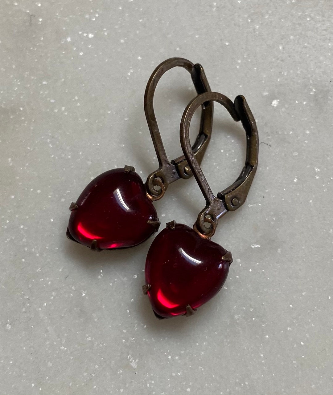 Ruby Red Glass Heart Earrings With Antique Brass or Raw Brass Ear Wires ...