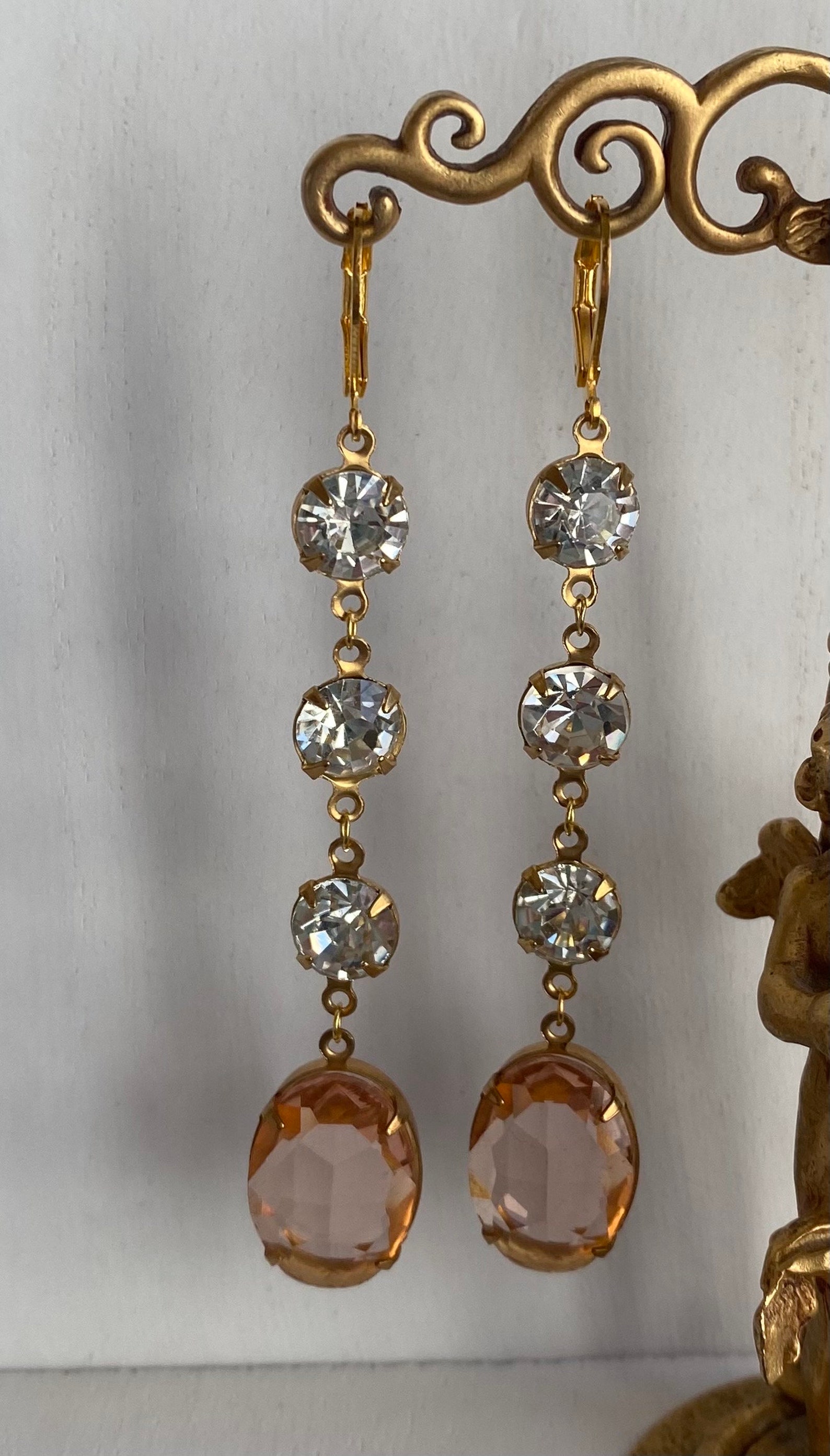 Glamorous Sheer Peach Oval Crystal Long Dangle Earrings With Three ...