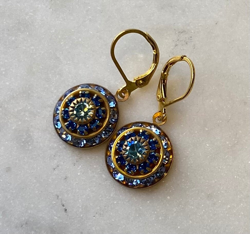 Swarovski Rich Blue Three Layer Rhinestone Crystal Drop Earrings - Etsy
