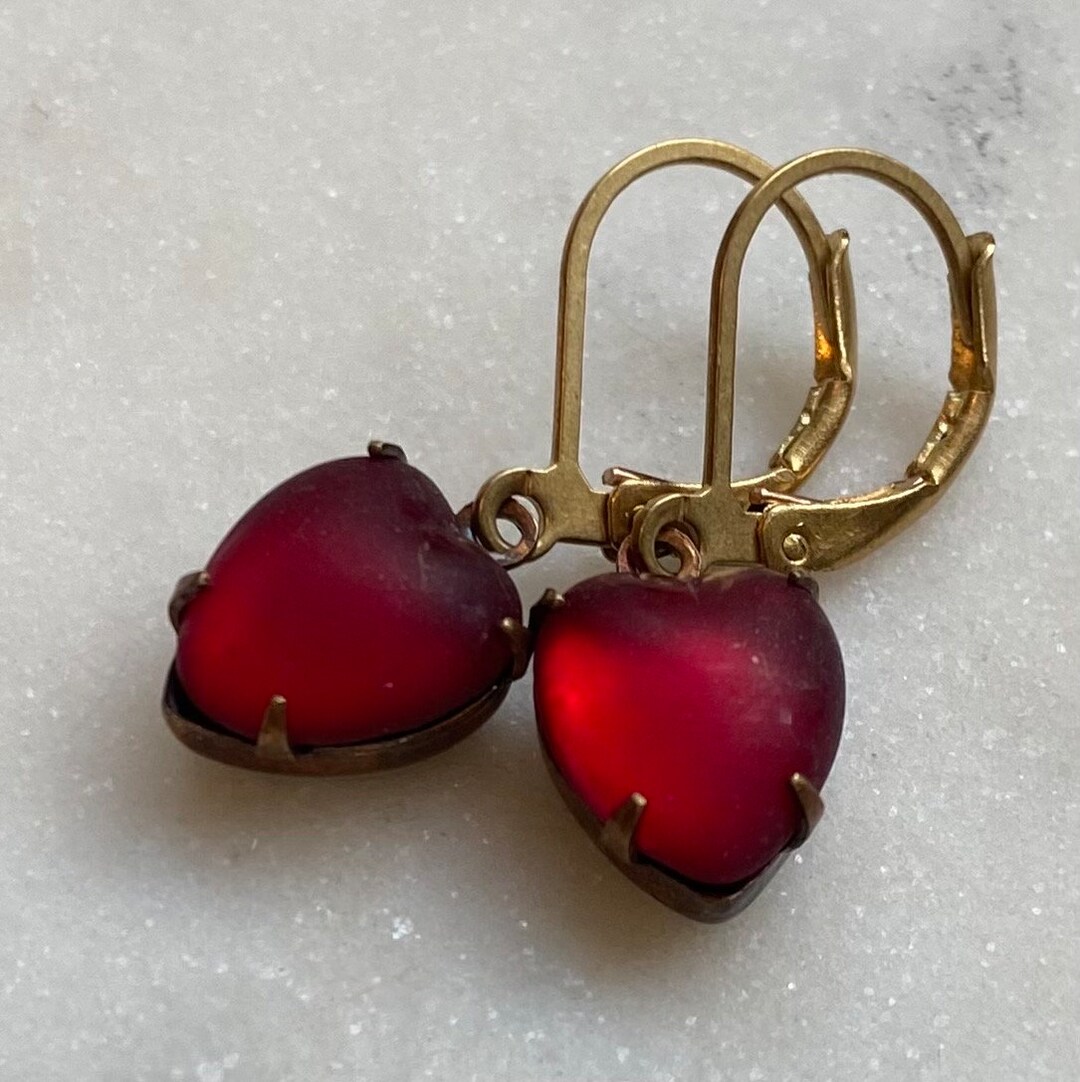 Blood Red Matte Frosted Glowing Red Glass Heart Earrings - Etsy