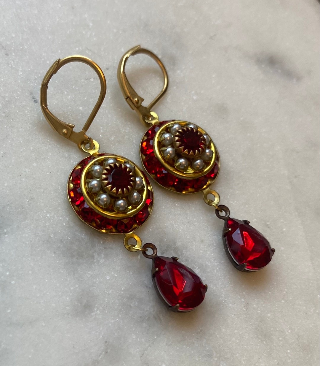 Swarovski Multi-layered Ruby Red Crystal and Pearl Raised Drop Earrings ...