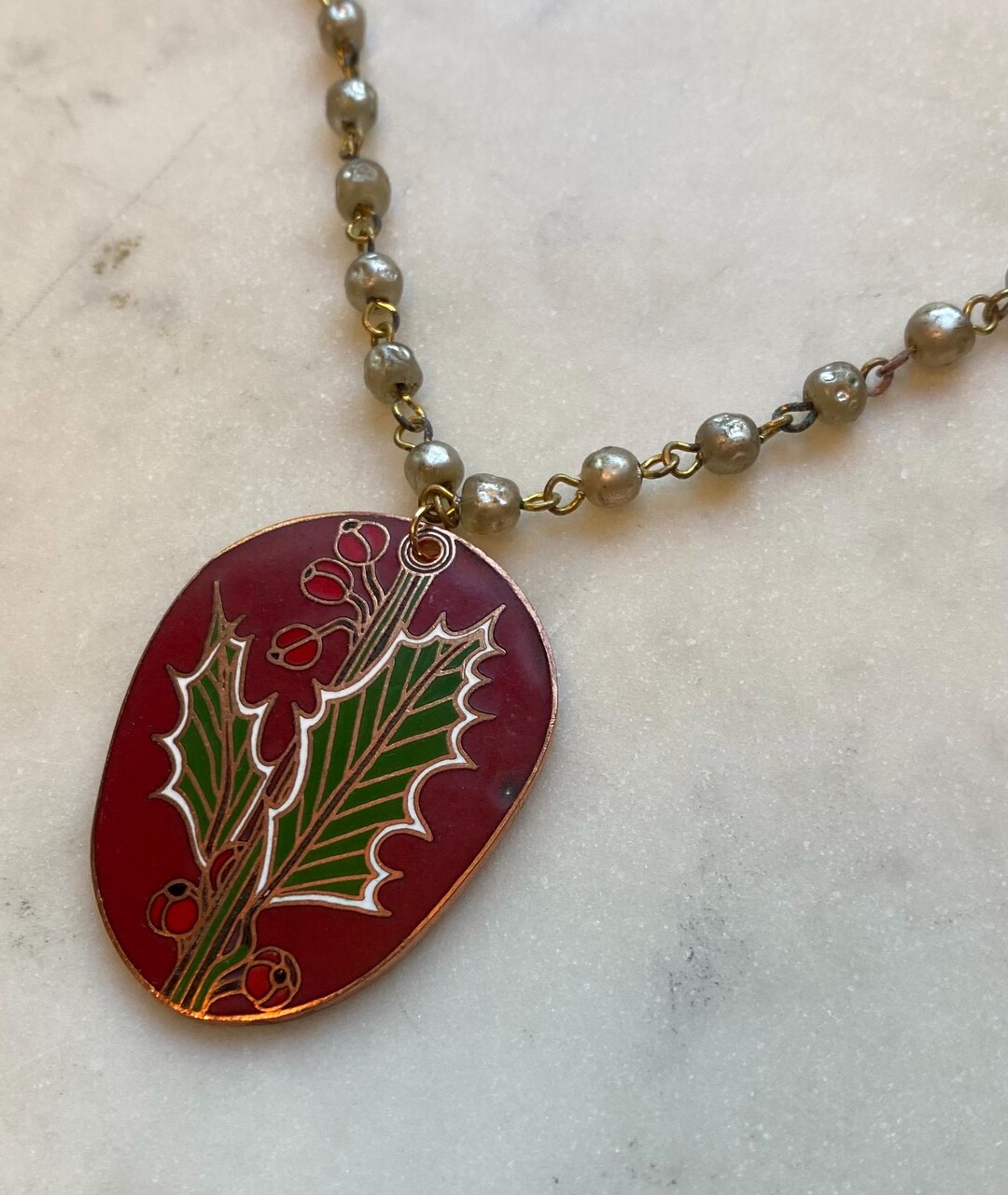 Vintage Cloisonné Enamel Holly Pendant Necklace With Vintage Shabby ...