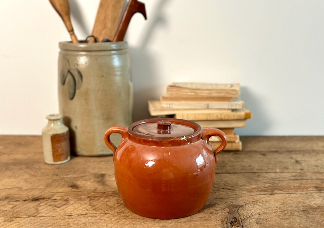 Vintage Red Ware Ceramic Bean Pot With Side Handles and Lid, Rustic ...