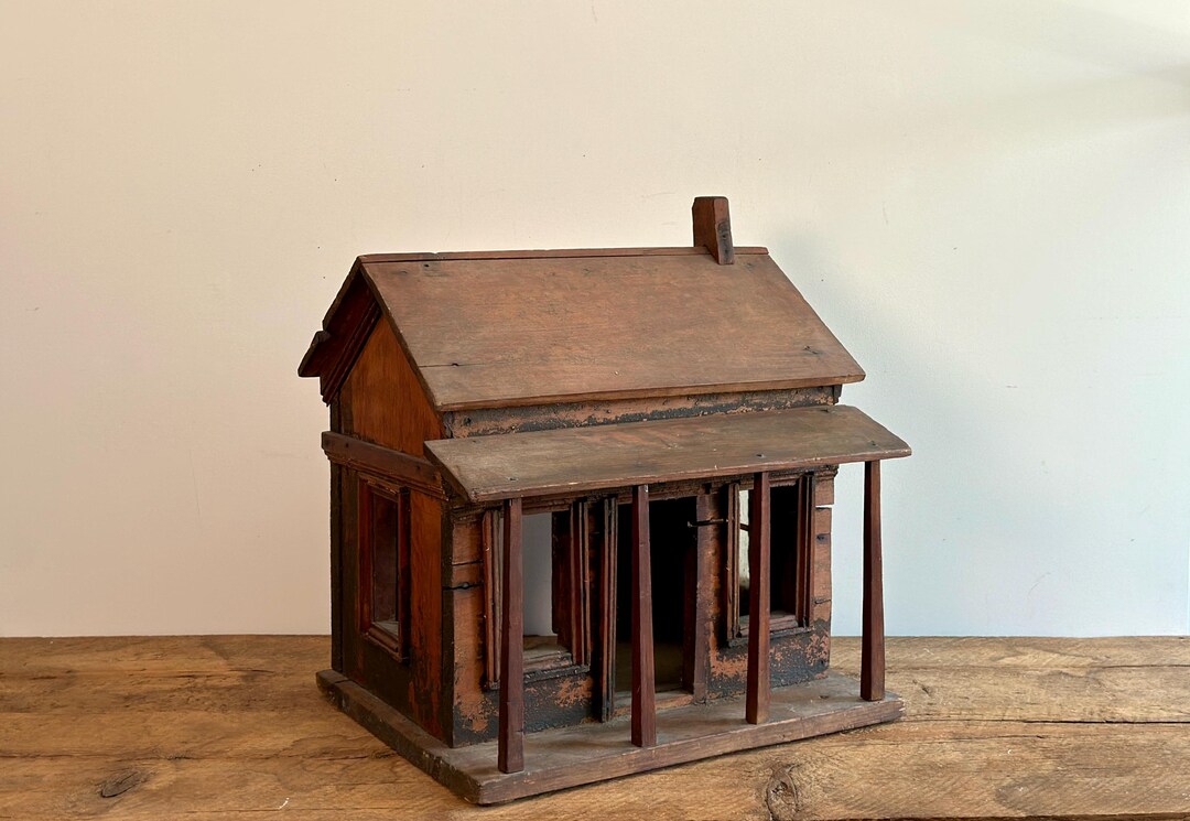 Antique Hand-made Wooden Dollhouse, Primitive Small Wooden Cottage With ...