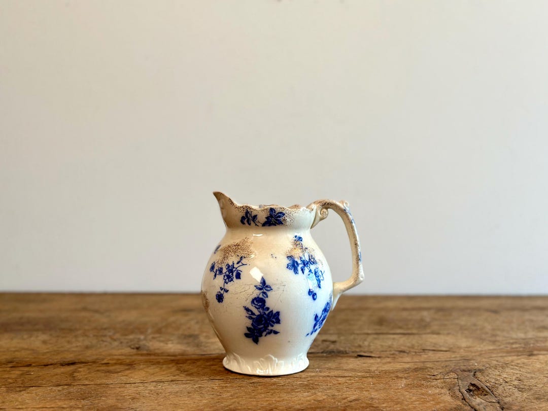 Antique Victorian White Ceramic Pitcher With Blue and Gold Floral ...