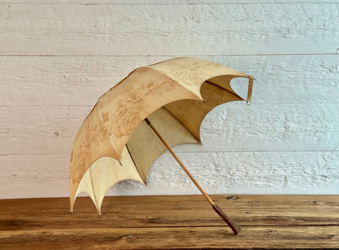 Antique Victorian Linen Parasol, or Umbrella, With Carved Wooden Handle ...