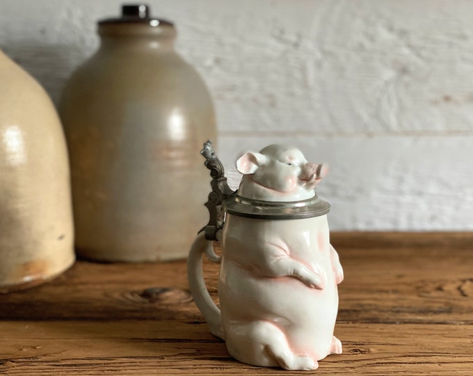 Antique Musterschutz Pig Beer Stein, 0.5L Porcelain Stein With Pewter ...