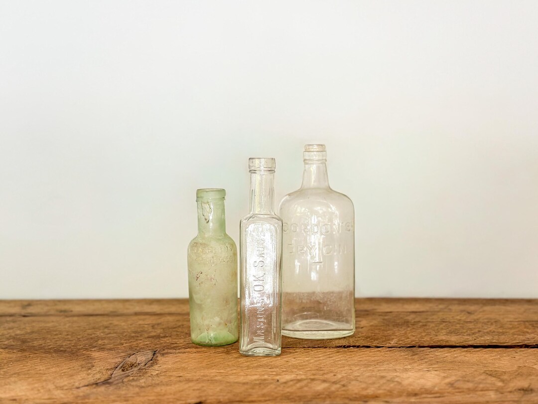 Collection of 3 Antique Glass Bottles: Mason's OK Sauce, Gordon's Dry ...