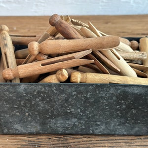 Antique Folded Galvanized Metal Box With 58 Antique Wood Clothe Pin ...