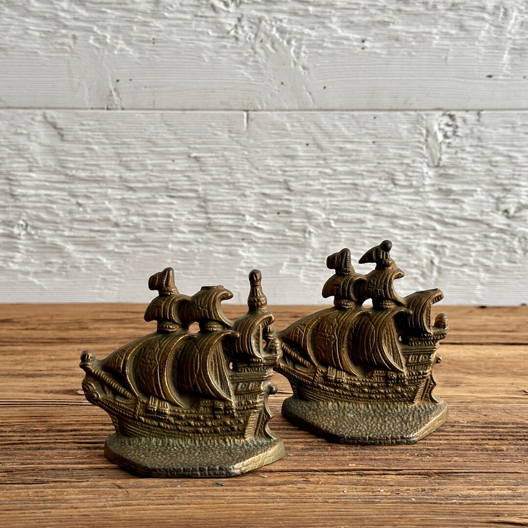 Antique Cast Iron Tall Ship Bookends, Gold/bronze Cutter Schooner Boats ...