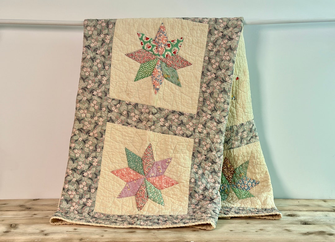 Antique 8-point Star Quilt, Hand-quilted Cotton Throw, With Colorful ...
