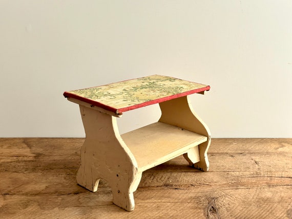 Antique Hand made Wood Step Stool With Old Beige Paint and Covered With Old Wallpaper at the Top From Quebec Canada Circa 1930s Etsy Canada
