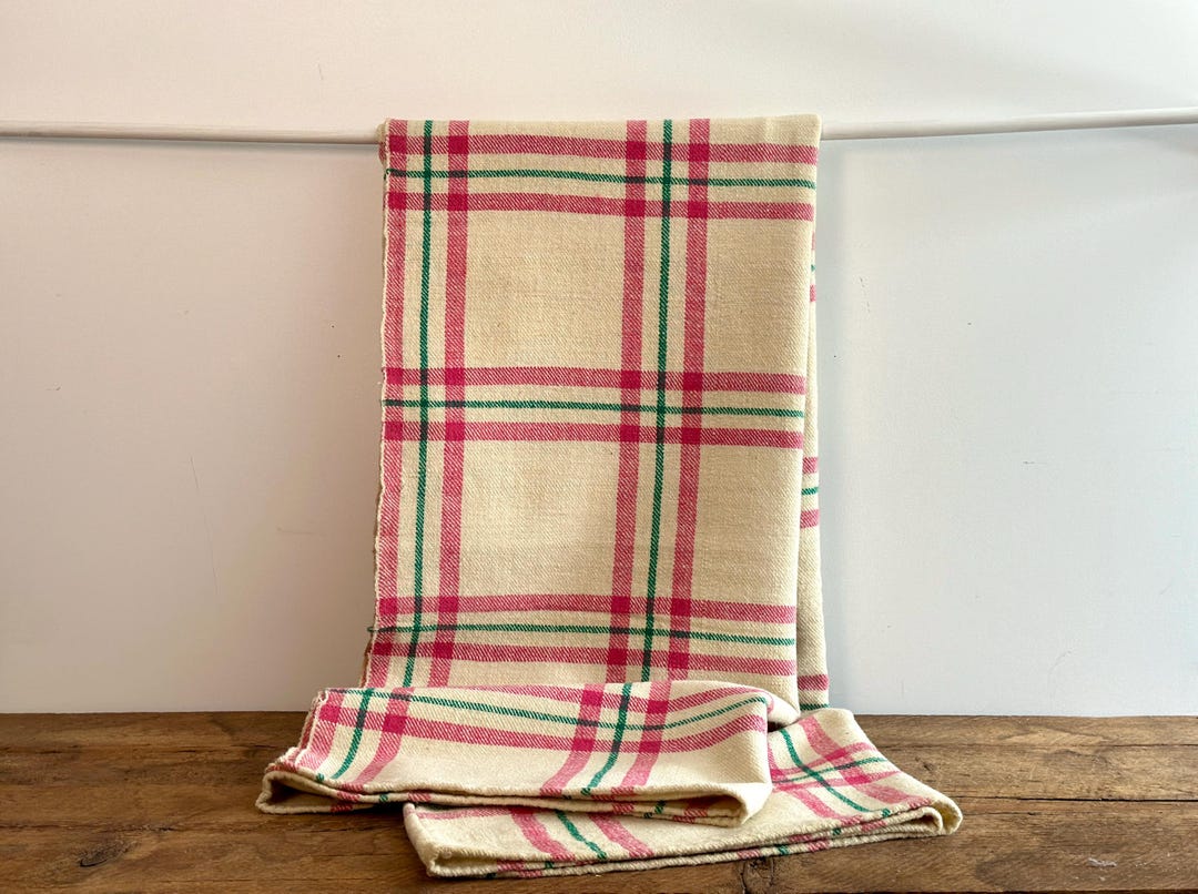 Large Antique Plaid Wool Blanket: Made With Beige, Pink and Green Home ...