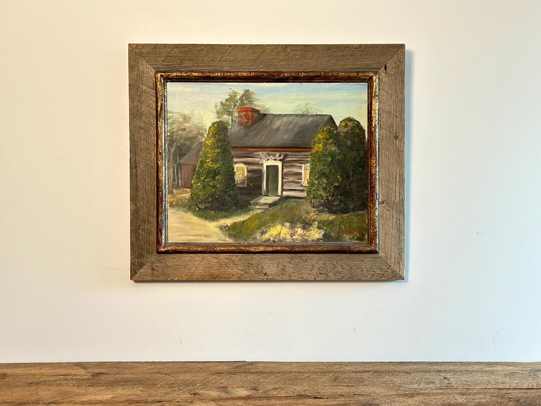 Large Vintage Original Oil Painting, Log Cabin in the Forest, Rustic ...
