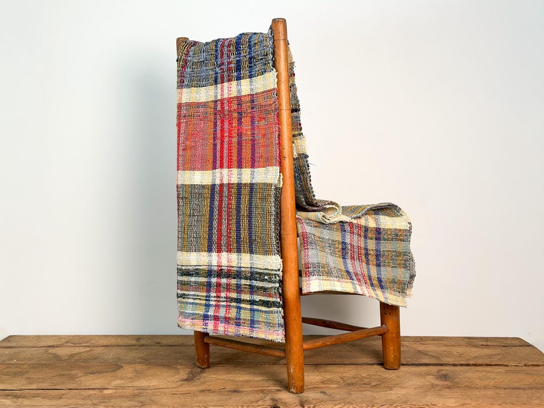 Vintage Hand-woven Plaid Catalogne Runners: Red, Blue, White and Yellow ...