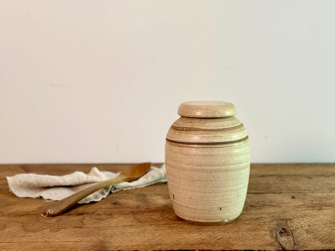 Vintage Hand-turned Ceramic Pantry Jar With Lid, Beige and Brown Studio ...