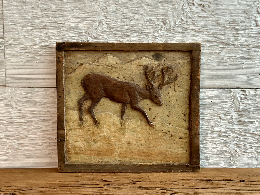 Antique Primitive Bas Relief Hand-carved Deer, Pine Panel With Carved ...