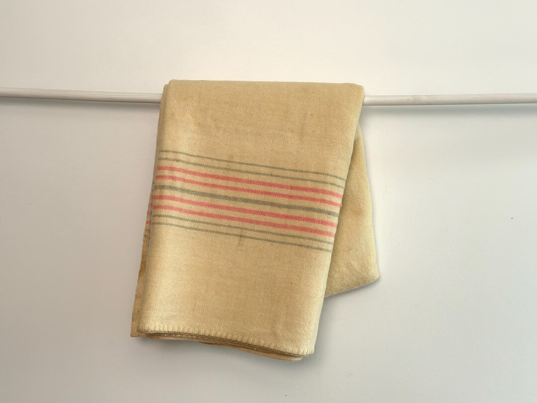 Antique/vintage Wool Blanket, Beige With Light Gray and Pink Stripes ...