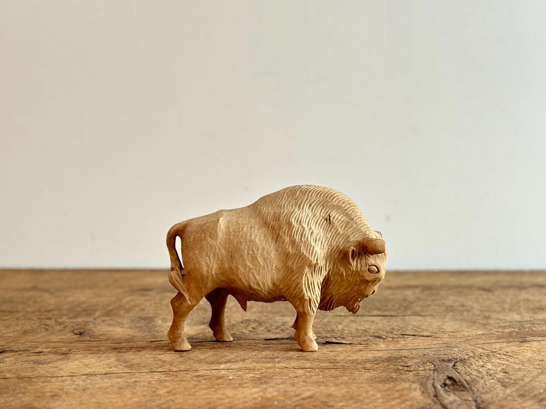 Vintage Mid-century Intricately Hand-carved Wooden Buffalo or Bison ...