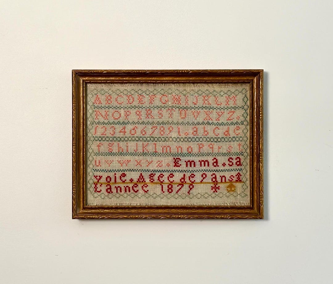 Antique French Victorian Hand-embroidered Sampler by a Child, 'emma ...