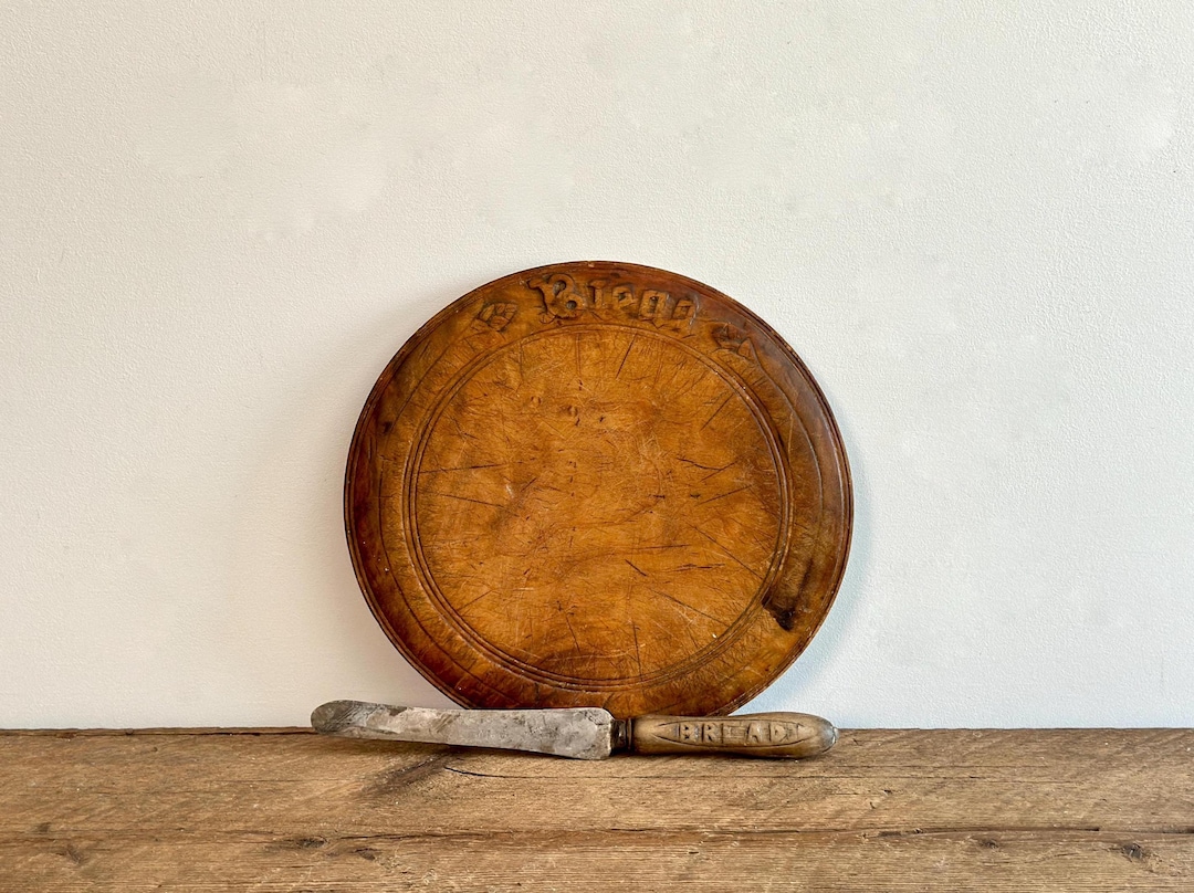 Antique Hand-carved Wooden Bread Board Plate and Bread Knife With a ...