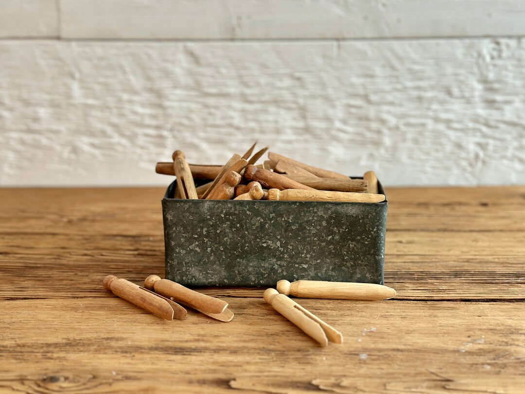 Antique Folded Galvanized Metal Box With 58 Antique Wood Clothe Pin ...