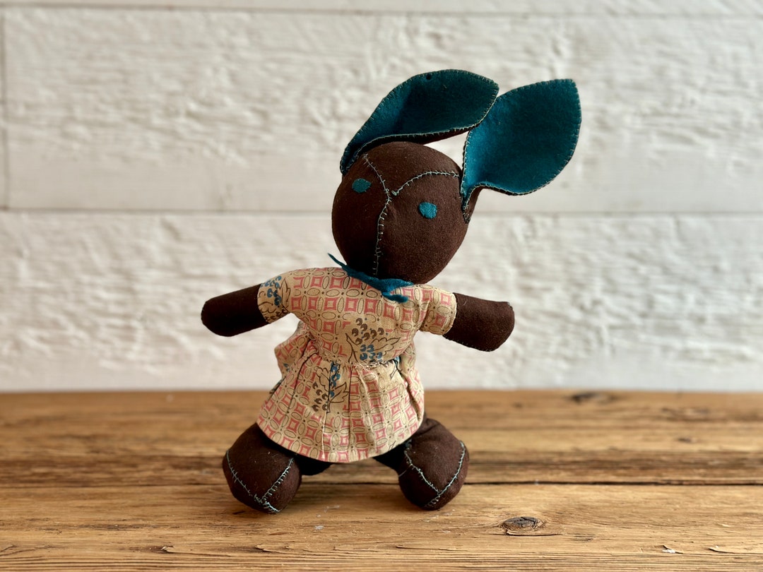 Antique Hand-made Fabric Rabbit Doll , Brown and Blue Felt Bunny in a ...