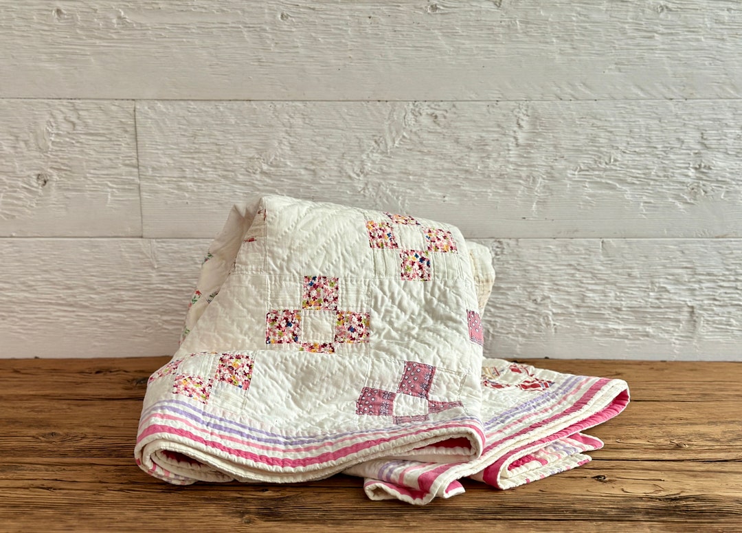 Antique Nine Patch Block Pattern Quilt, Feedsack / Calico Cotton ...