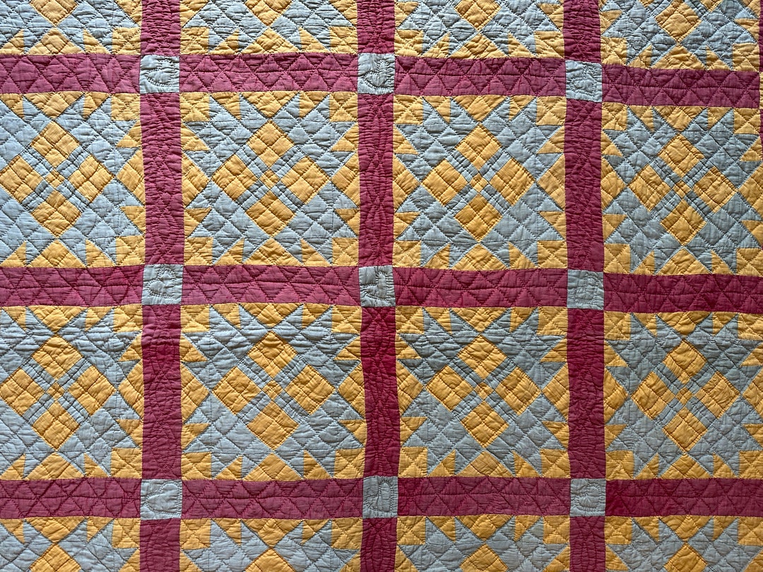 Antique Flower Block Pattern Quilt, Yellow, Entirely Hand-assembled and ...