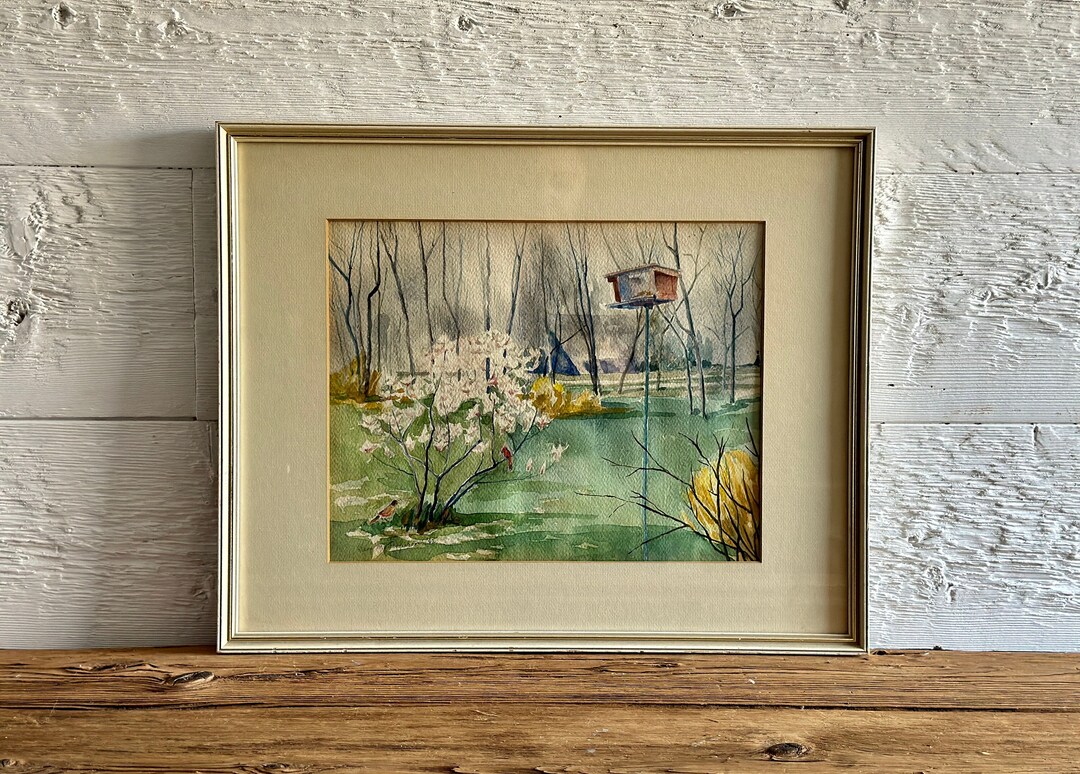 Vintage Original Watercolor Painting, Summer Landscape, Cardinals and ...