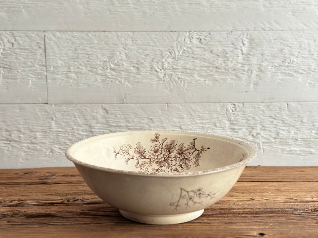 Antique Large Ironstone Bowl, Wash Basing Bowl, With Brown Transferware ...