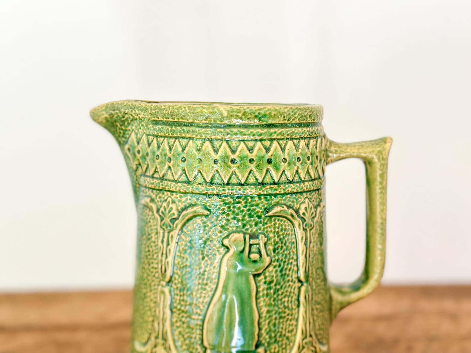 Large Antique Green Ceramic Jug With Embossed Woman With Lyre and ...