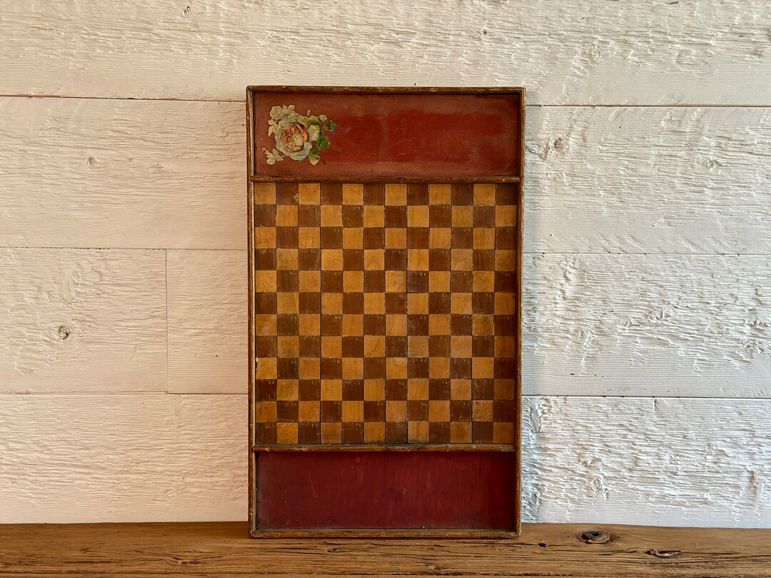 Antique Wooden Checker Board With Numbered Tiles, With Its Original Red ...