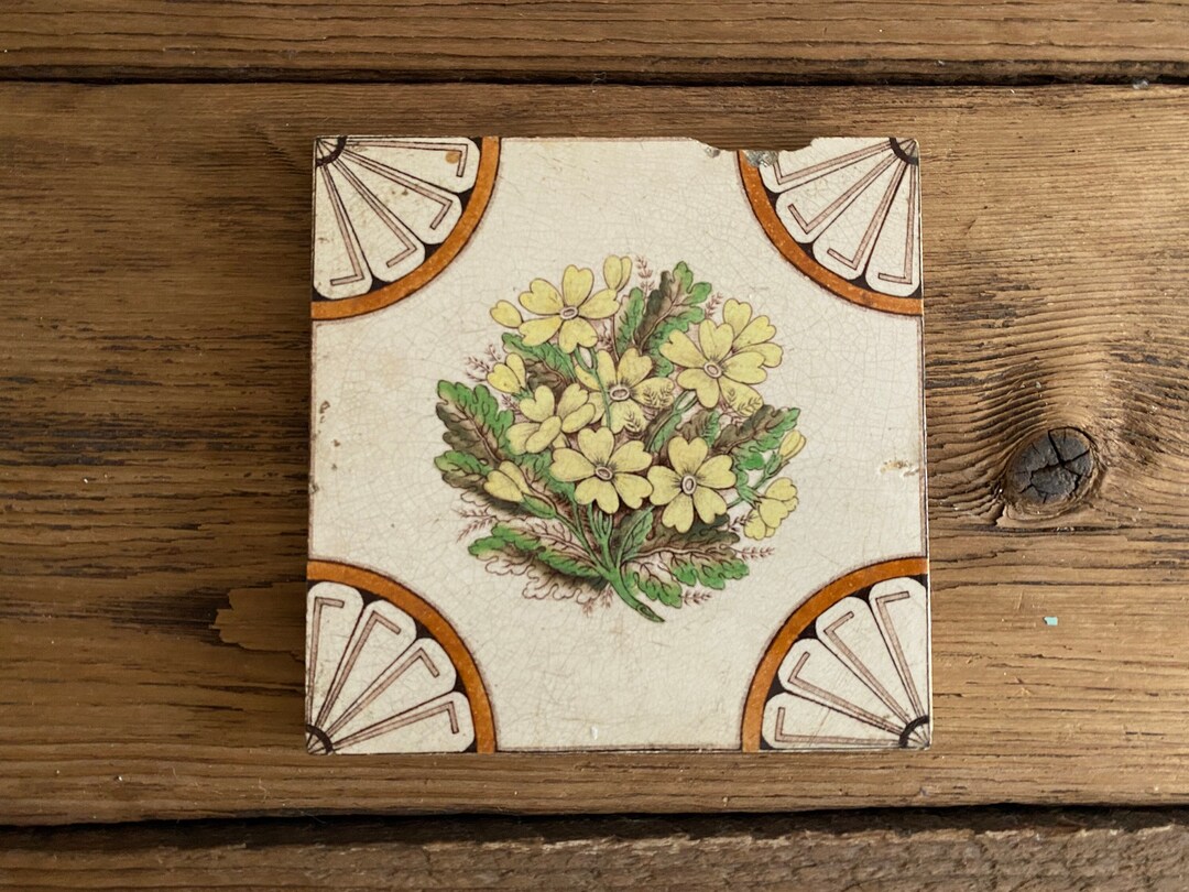 Antique Victorian Tile Trivet, Beige Ceramic Tile With Yellow Flowers ...