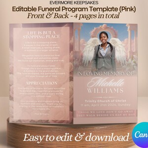 Pink Funeral Program Template, 4 Page Funeral Booklet Canva, Printable ...