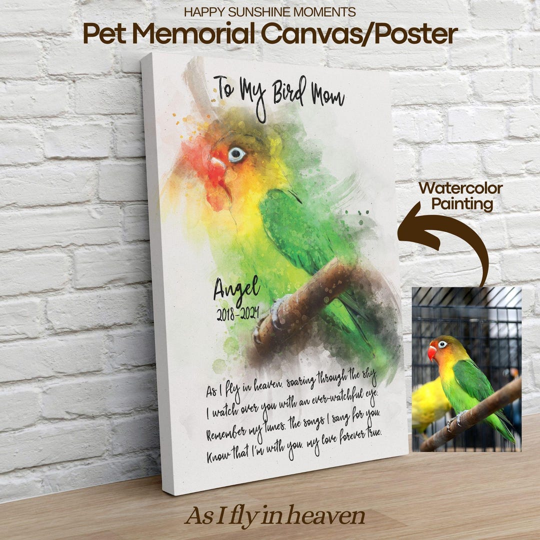 Loss of Bird Memorial Canvas, Custom Parrot Watercolor Portrait, Avian ...
