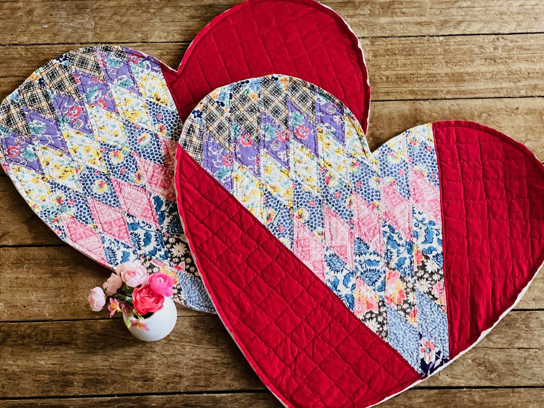 Quilted Heart Table Topper, Handmade Valentine Table Runner, Upcycled ...