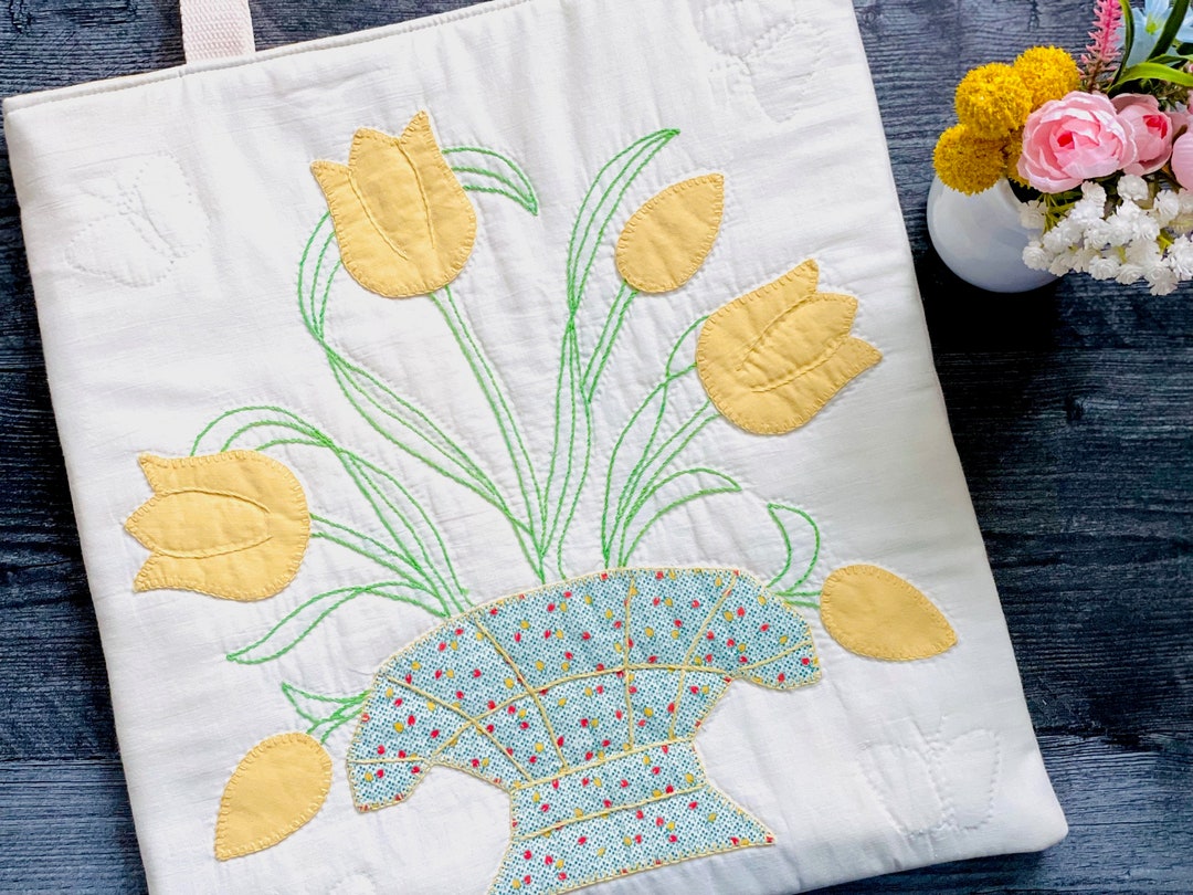 Quilted Tote Bag, Upcycled Vintage Quilt, Appliquéd Tulips, Handmade ...