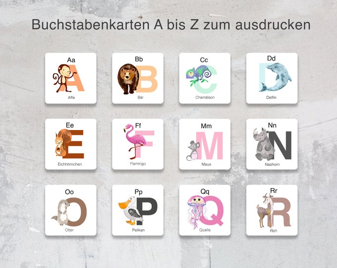 ABC Lernkarten Tiere | Montessori Buchstaben Karten | ABC-Wandbild ...
